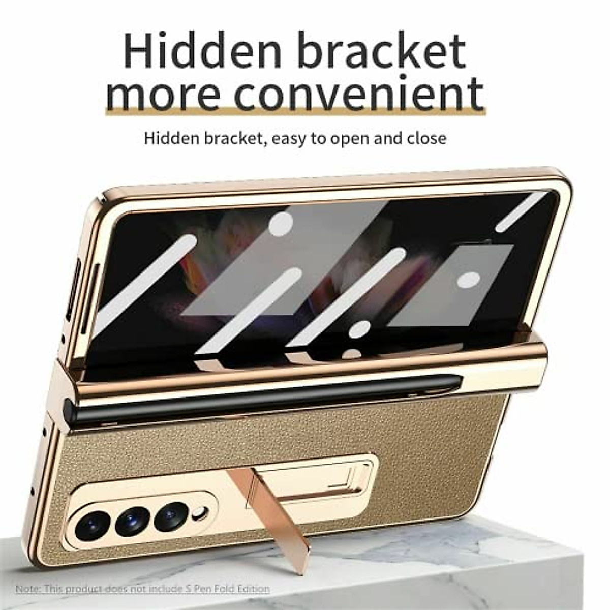 EAXER for Samsung Galaxy Z Fold 3 5G Luxury Lychee Pattern Leather Stand Case Plating Pen Slot Case with Front Tempered Glass All-Inclusive Protective Cover Case Gold