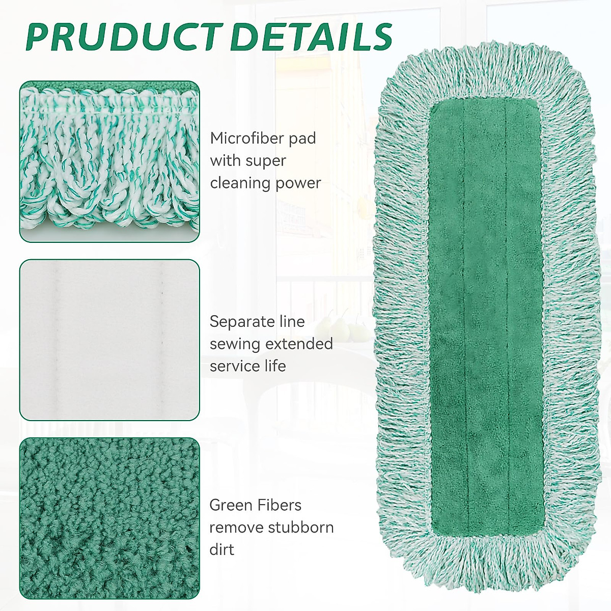 Commercial Products Dust Pad with Fringe for Rubbermaid: 18 Inch Green Microfiber Dust Mop Refills Heavy-Duty Cleaning for Hardwood/Tile/Laminated Floors in Kitchen/Lobby/Office (2 Counts)