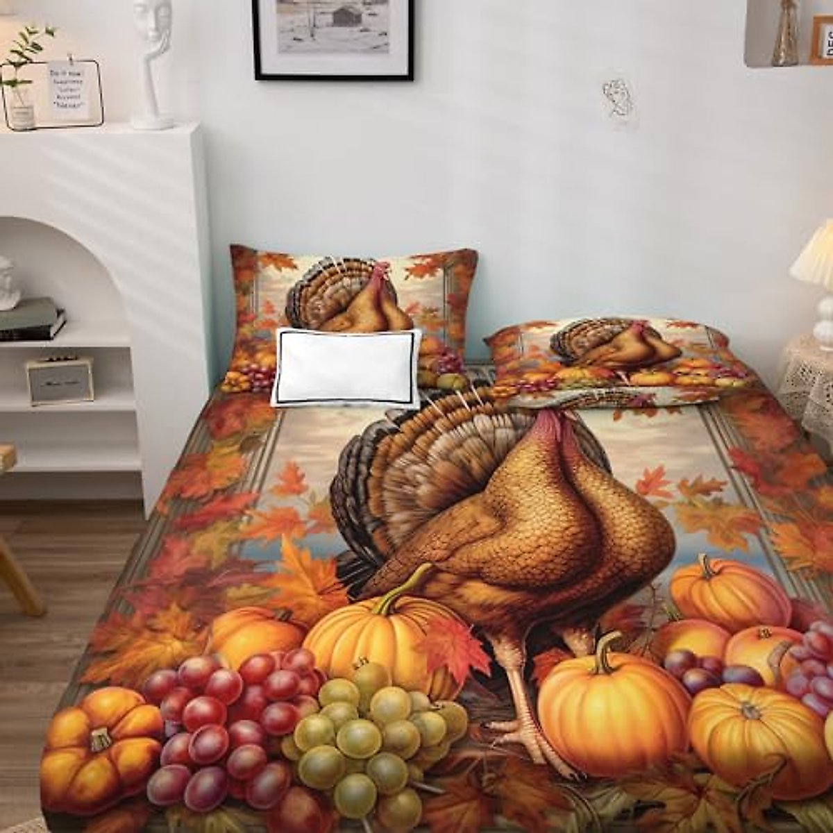 Full Size Sheet Sets - Thanksgiving Bed Sheets, Turkey Pumpkin Grape Bedding Sheets & Pillowcases, Soft Microfiber & Deep Pocket & Wrinkle Free Sheet Set, 1 Fitted Sheet, 1 Flat Sheet, 2 Pillow Cases