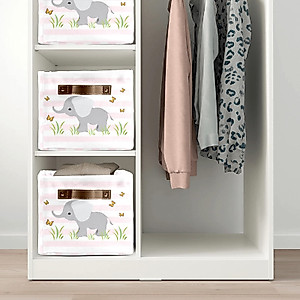 Personalized Elephant Butterfly Grass Canvas Storage Bins with Name Organizer Bin Storage Basket with Handles for Gift Baskets Book Bag (1 Pack)