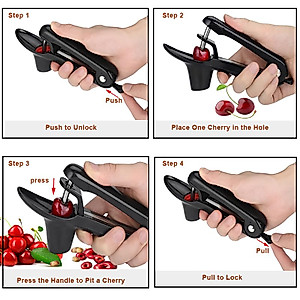 Cherry Pitter - Stainless Steel Olive and Cherries Pitters Corer Tool with Space-Saving Lock Design, Multi-Function Fruit Pit Remover for Cherry Jam (Black)