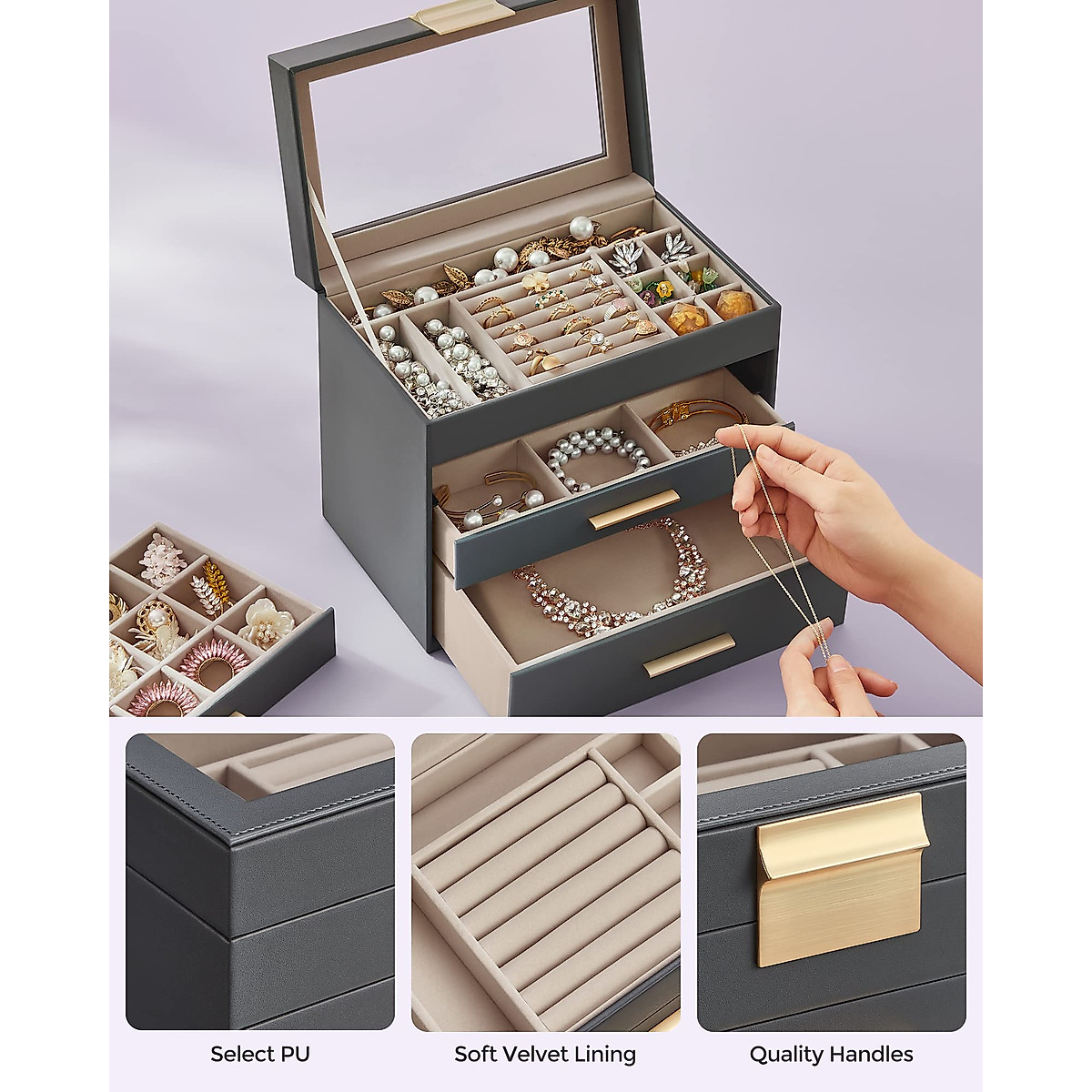 SONGMICS Jewelry Box with Glass Lid, 4-Layer Jewelry Organizer, 3 Drawers, for Sunglasses, Big Jewelry, Jewelry Storage, Modern Style, Gray and Gold Color UJBC161C01