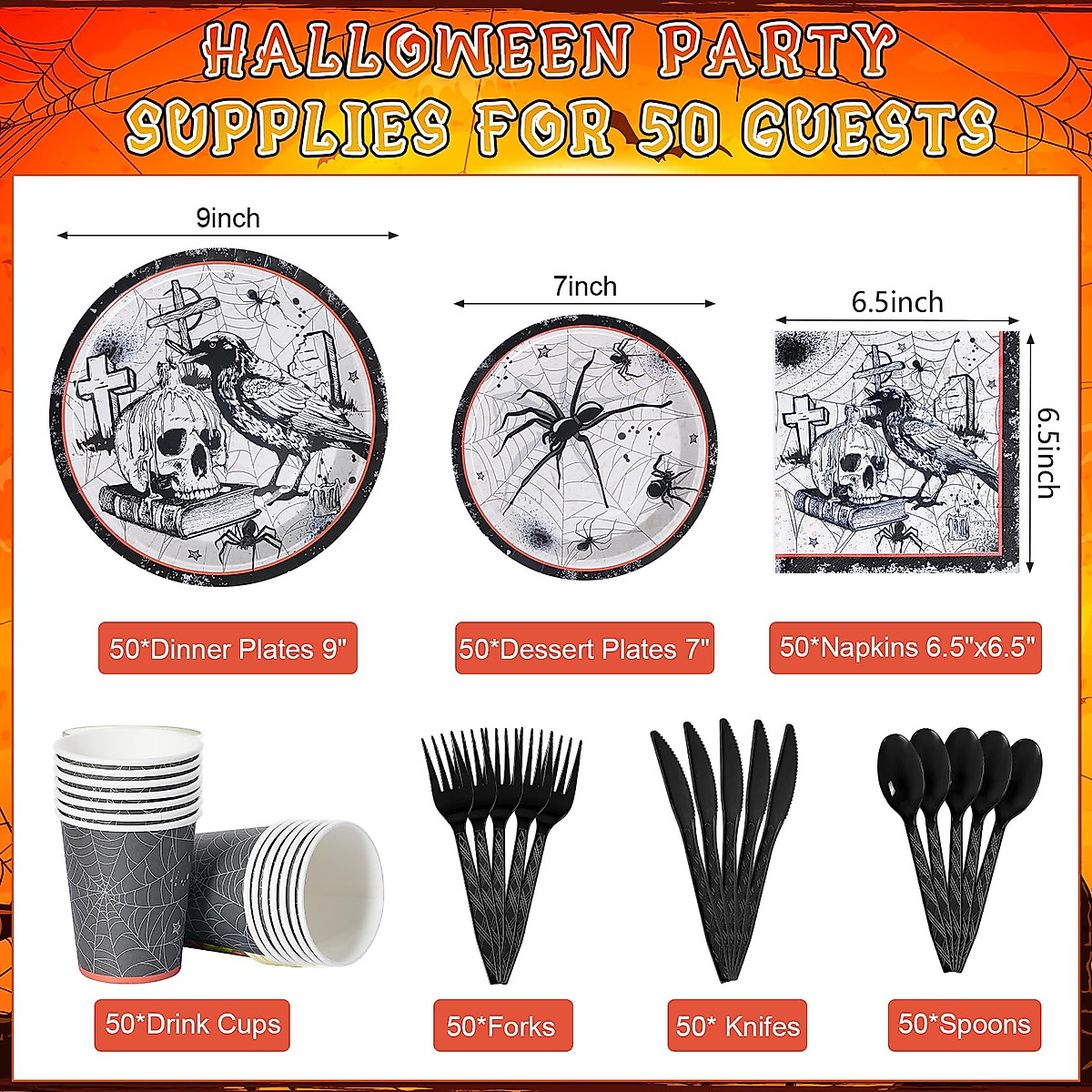 Halloween Party Plates Supplies,Disposable Vintage Skull,Spider Web Tableware Paper Plates and Napkins Cups Knives Spoons Forks for Halloween Birthday Baby Shower Party Decorations,Serve 50 Guests