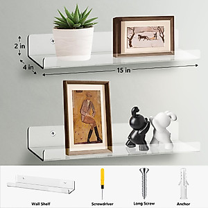 LIKMYPICK 4 Pack Acrylic Shelves for Wall, 15" Clear Floating Shelves for Bathroom,Bedroom,Kitchen, Floating Wall Shelves for Wall Decor Display Book,Photo,Makeup, Mounted with Screwdriver