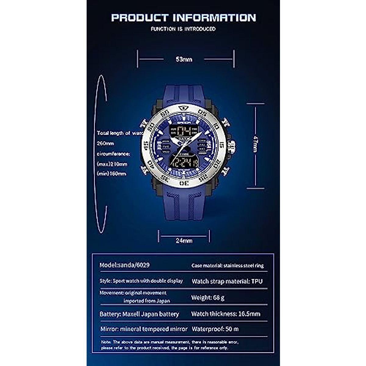 KXAITO Men's Watches Sports Outdoor Waterproof Military Watch Date Multi Function Tactics LED Face Alarm Stopwatch for Men 6029 (Blue)