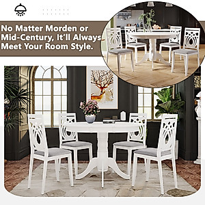 Merax Mid-Century Wood 5-Piece Extendable Dining Table Set with 4 Upholstered Chairs for Small Places, White_Round