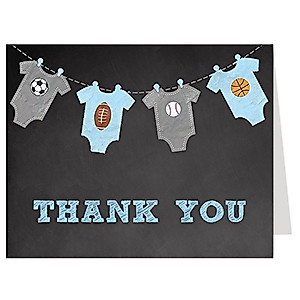 Sports Thank You Cards Baby Shower Soccer Football Baseball Soccer MVP Little Champ All Star Boys Birthday Party Appreciation Gratitude Thanks Folding Notes Blue It's A Boy Chalkboard (50 count)