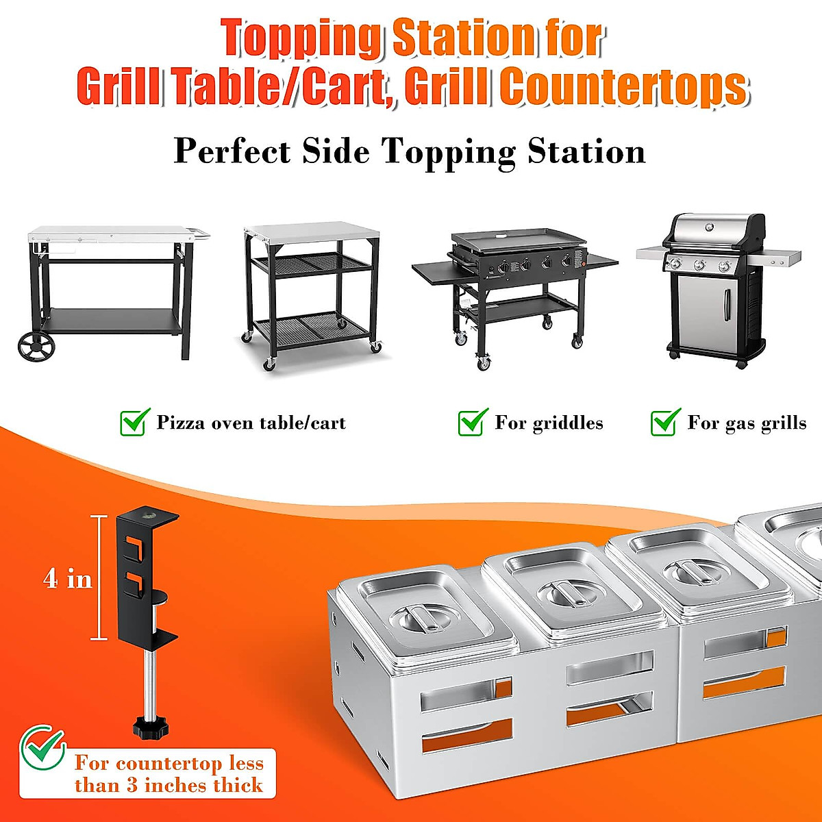 Pizza Topping Station Stainless Steel, 6 Seasoning Containers with Lid, Condiment Tray for Prepping Toppings, Pizza Oven Accessories, Grill Table Cart Topping Station, C-Clamp for Different Tabletop