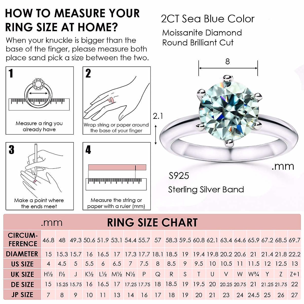 Michooyel 2ct Round Cut Moissanite Engagement Ring for Women Sea Blue Moissanite VVS1 Classic 6 Prongs Setting Solitaire Sterling Silver Women Rings
