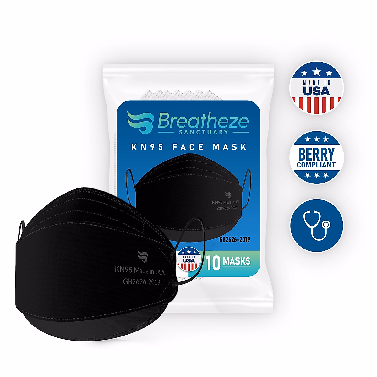 Breatheze KN95 Face Masks Made In USA FDA Registered - Disposable KN95 Mask - 3D Style, 10-pack Black