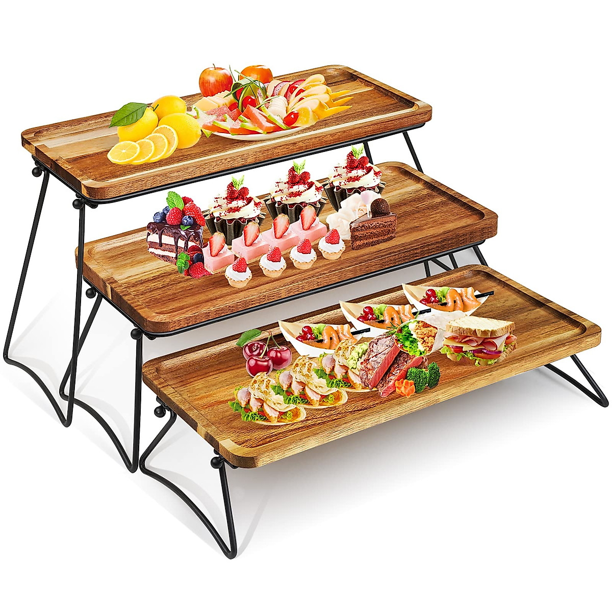 3 Tier Wooden Cupcake Stand Serving Tray, FODIENS Acacia Wood Dessert Table Display Set with Foldable Iron Frame, Decorative Tiered Charcuterie Boards Serving Trays Platters for Party Entertaining