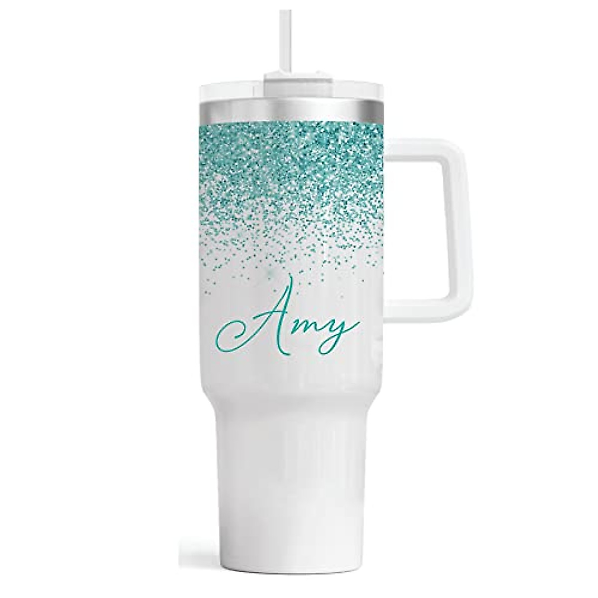 Personalized 40oz Tumbler With Handle and straw | Stainless Steel Insulated Tumbler | Travel Cup | Double Wall Coffee Cup for Hot and Cold Drinks | Teal Glitter Effect with Name