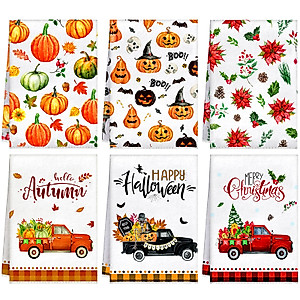 6 Set Holiday Kitchen Towels for Halloween Fall Christmas Decorative Dishtowels,Halloween Hand Towels Absorbent Dishcloths Autumn Tea Towels Wash Cloths for Thanksgiving Christmas Kitchen Decor