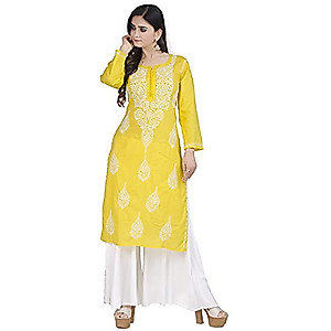 Chandrakala Hand Embroidered Lucknow Chikankari Kurti for Women 100% Cotton Indian Ethnic Tunic,2X-Large (K150YEL5) Yellow