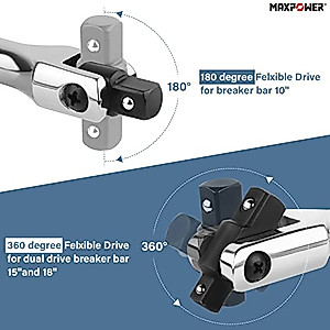 MAXPOWER 3Pcs Breaker Bar Set, Dual Drive 1/2" and 3/8" for Breaker Bars 15-inch and 18-inch, 10-inch Short Breaker Bar 1/2"