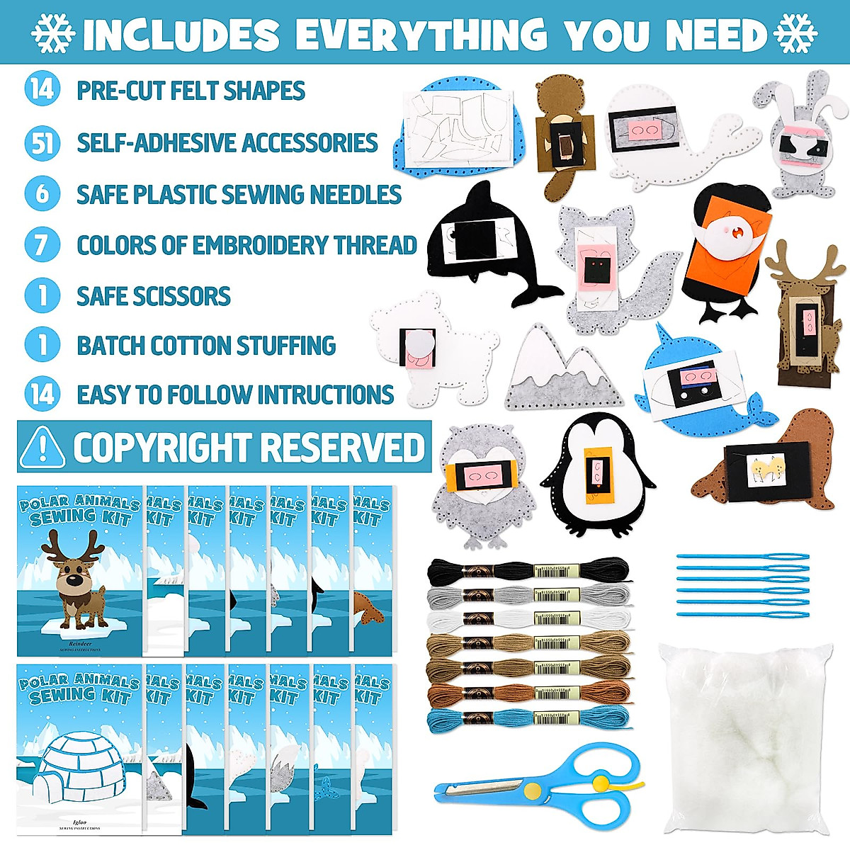 CiyvoLyeen Polar Animals Sewing Kit for Kids Make Your Own Winter Polar Animals Felt Plush Craft Kit Includes 14 Creative Projects to Sewing Beginners Fun DIY Educational Gift for Boys and Girls