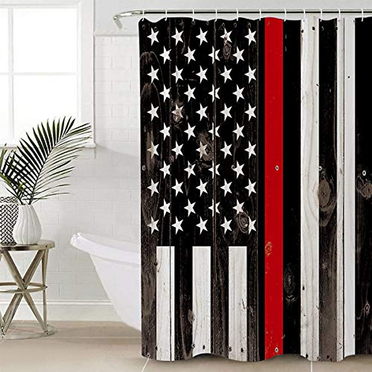 4 PCS Independence Day USA Flag Shower Curtain Set with Bath Rugs,American Red Line Fireman Waterproof Curtains Soft Bathroom Non-Slip Floor Mats Toilet U-Shaped Pad and Toilet Lid Covers Wood Plank