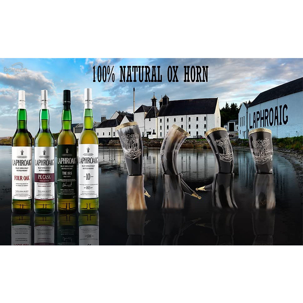 Genuine 12" Ox-Horn Viking Drinking Horn with Horn Stand, Thor Engraved Viking's Drink Cup - Food Safe Medieval Norse Style Horn