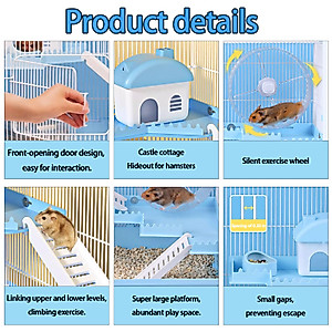 kathson Hamster Cages and Habitats Large Gerbil Cage with Accessories Hut Exercise Wheel Water Bottle Bowl Bathtub Small Animal Basic Cage for Syrian Hamster，3- Levels，22" L x 12.5" W x 14" H，Blue