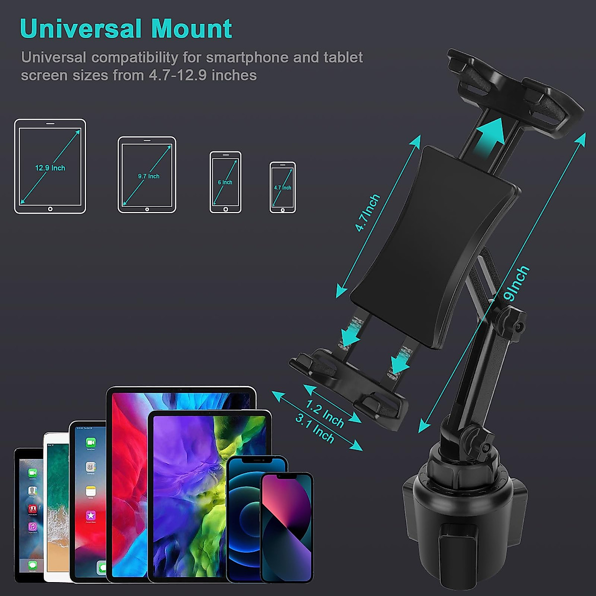 Cup Holder Car Tablet Mount, Universal 360° Rotation Adjustable Long Arm Holder Stand for iPad Pro 12.9/11/10.5/9.7/Air/Mini 6/5/4, Samsung Galaxy Tab/Z Fold 6/5, Amazon Fire HD, 4.7-12.9" Tab & Phone