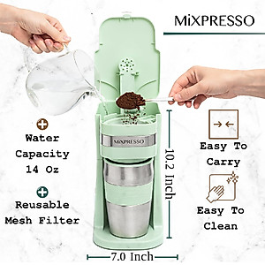 Mixpresso Personal Single Serve Coffee Maker & 14oz Travel Mug, Drip Coffee Brewer & Tumbler, Auto Shut Off & Reusable Filter, Green Coffee Maker Compatible with Coffee Grounds