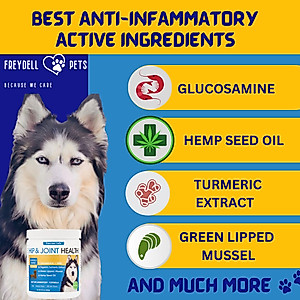 Freydell Pet's Dog Hip and Joint Chews for Large Breeds - Glucosamine, Hemp Seed Oil, Organic Turmeric Extract & Chondroitin Chews - Dog Joint Supplements & Vitamin C for Dogs - Extended Joint Care