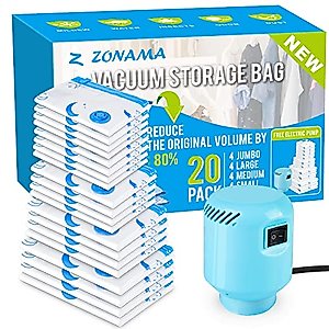Vacuum Storage Bags with Electric Air Pump, 20 Pack (4 Jumbo, 4 Large, 4 Medium, 4 Small, 4 Roll Up Bags) Space Saver Bag for Clothes, Mattress, Blanket, Duvets, Pillows, Comforters,Travel, Moving