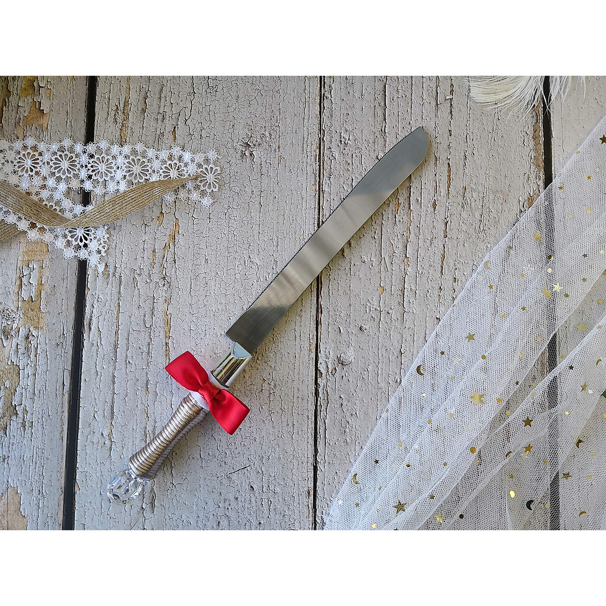 Abbie Home Wedding Anniversary Cake Knife and Server Set in Grey and White- Silk Bow Tie and Red Rose Rhinestone Lace Decoration (Cake Knife&Server Set)