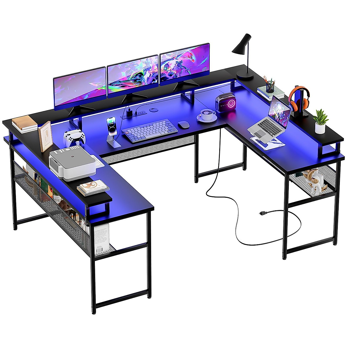 Unikito U Shaped Computer Desks, Reversible Office Desk with LED Strip and Power Outlets, L Shaped Table with Full Monitor Stand and Storage Shelves, 83 Inch Large U- Shape Gaming Desk, Black
