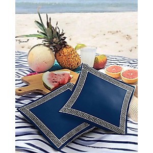 Outdoor Waterproof Pillow Covers for Patio Furniture Geometric Greek Key Design Decorative Throw Pillow Cover Navy Blue Pillowcases Set of 2 Cushion Case for Sofa Couch Chair Home Decor 26x26 inch