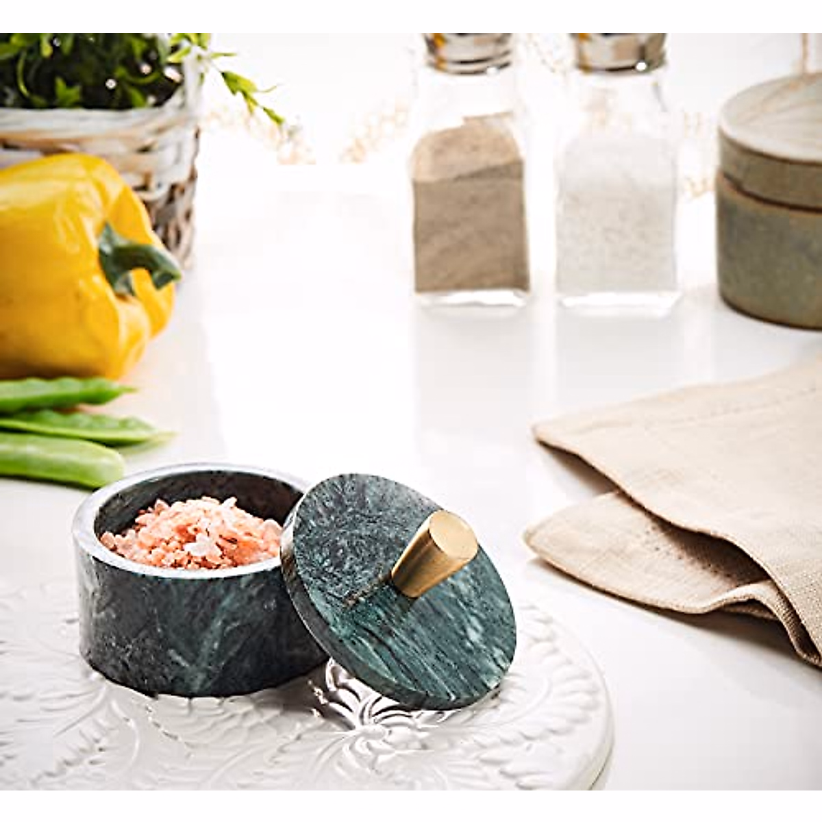 Queenza Green Marble Salt Cellar with Lid and Brass Knob, 3 Inch Salt Box