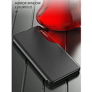 Ysnzaq Hard PU + TPU Leather Fashion Slim Magnetic Kickstand with Business Smart Window Phone Cover for Xiaomi Redmi Note 10S / Xiaomi Redmi Note 10 4G (Not 5G) QHBX Black