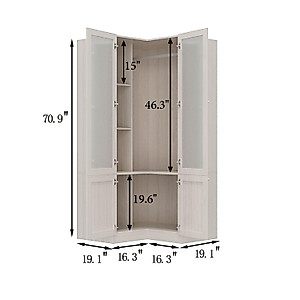 TAMUNE L-Shape Wardrobe Armoire Closet with Hanging Rod & Shelf, Bedroom Armoire with Frosted Glass Doors, Clothes Wardrobe with Gold Knobs, Wood Grain, 35.4”D x 35.4”W x 70.9”H