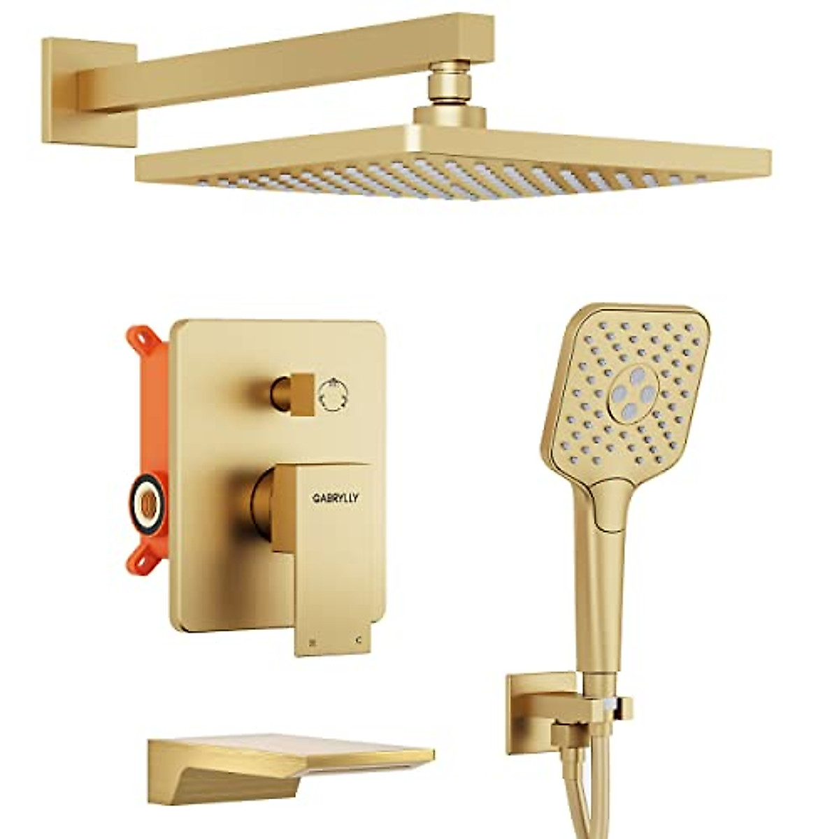 Gabrylly Shower System with Tub Spout, Wall Mounted Shower Faucet Set for Bathroom with High Pressure 10" Rain Shower head and 3-Setting Handheld Shower Head Set,Brushed Gold