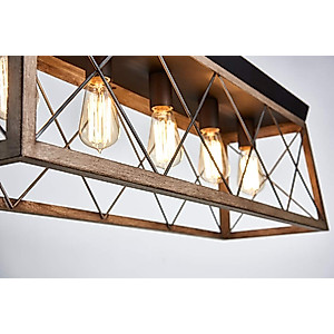 Saint Mossi 5 Light Wood Metal Chandelier, Kitchen Island Pendant Lighting for Dining Room, Rustic Vintage Farmhouse Industrial Light Fixtue, L39 x H12 x W12, Oaky Painted Metal and Stardust Network
