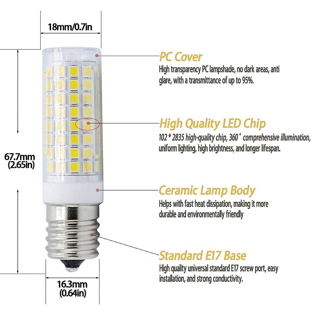 HXMLIHB E17 LED，8W Microwave Oven Bulb，80W Halogen Equivalent ，Dimmable E17 Bulb for Microwave Oven Over Stove Appliance，800Lm, AC110V/130V，Daylight White 6000K(Pack of 2)