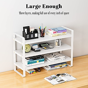 hodiczk Upgraded Small Desk Shelf Organizer with Tiers, Cute Desktop Organizer Shelf Storage, Kawai Desktop Bookshelf Hutch for Dorm, Home, School, Office (White Rack White Frame, 3 Layer)