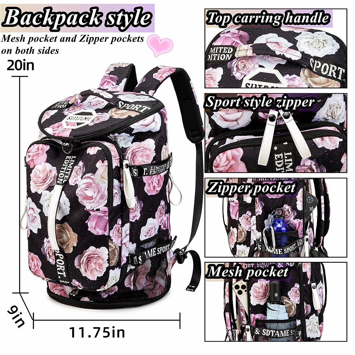 Gym Duffle Bag Backpack with Shoe Compartment,4 ways Travel Backpack for Women and Men,Multi-Functional Weekender Backpack with Waterproof Layer&Laptop Compartment for Fitness, Travel,Camping(Black')