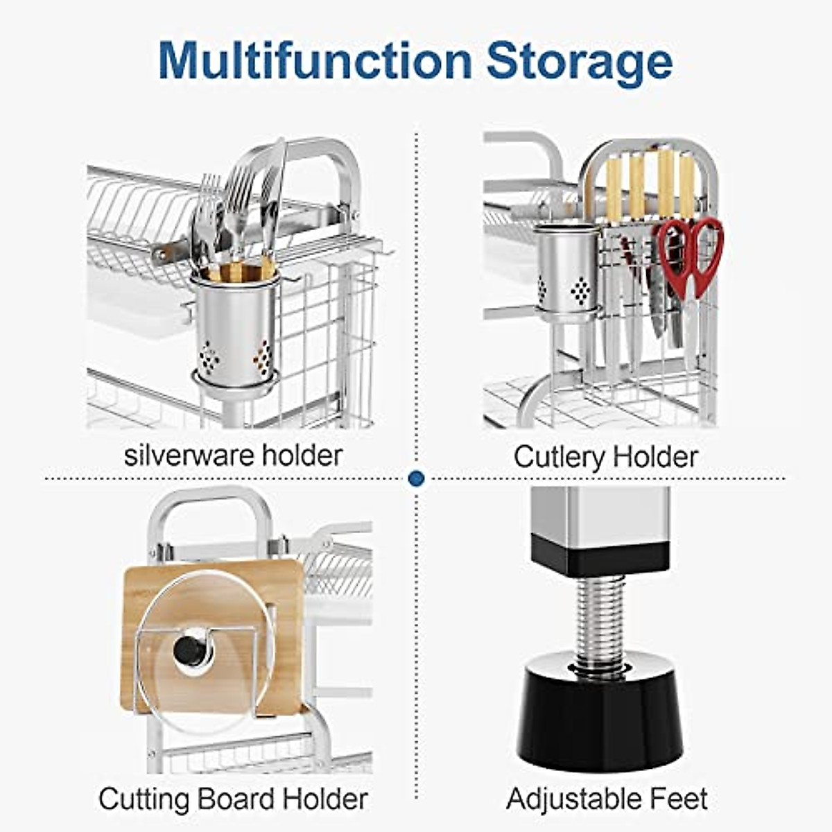 GSlife Stainless Steel Dish Drying Rack Rustproof 2 Tier Dish Rack for Kitchen Counter with 3 Drainboards, Tiered Dish Drainer with Utensils Holder,Cutting Board Holder, Silver