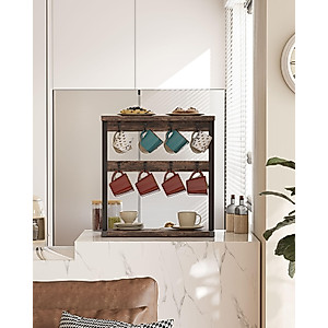 OROPY Wood Coffee Mugs Holder for Counter with 16 Hooks, 2 Tier Mugs Tree with Top Storage Shelf, Vintage Countertop Mug Rack Stand for Home Coffee Bar Storage and Display