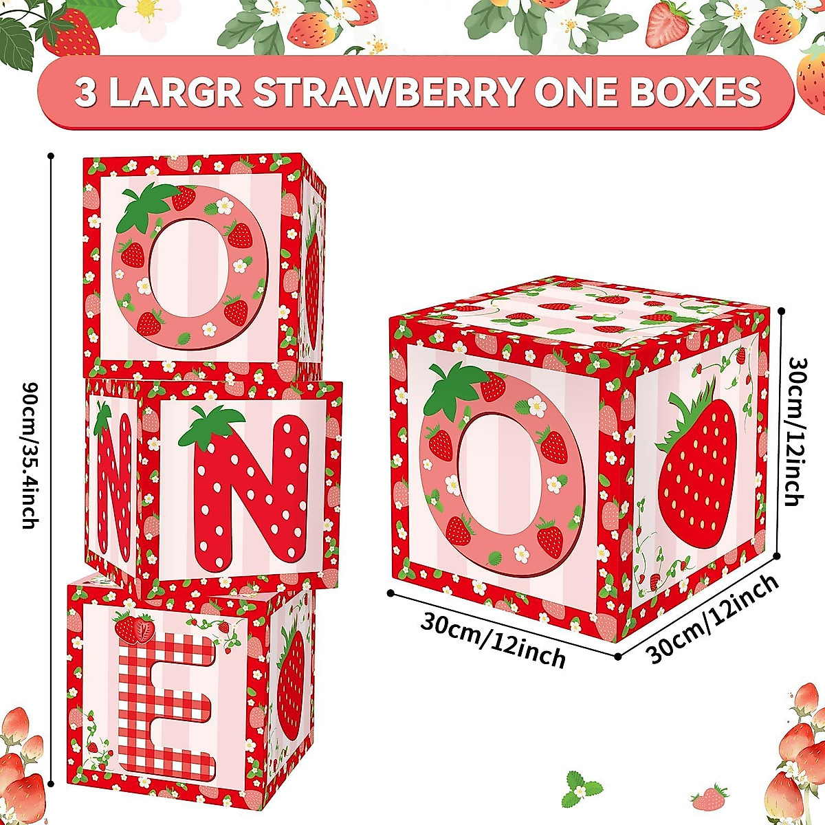 chiazllta 3Pcs Strawberry 1st Birthday Party Decorations Supplies Strawberry Themed One Balloon Boxes Backdrop Blocks Decor Berry First Red One Birthday Party Decoration for Kids Girls Baby Shower