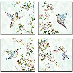Renditions Gallery Canvas Wall Art, 4 Panels Set 12x12 Inches Each Framed Artwork, Hummingbird Spring Flowers Vintage Painting Pictures for Home Décor