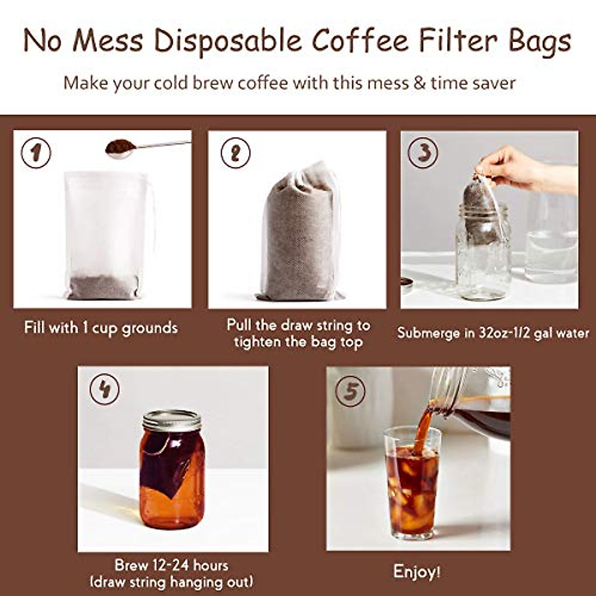 No Mess Cold Brew Coffee Filters - 100 Count Disposable Fine Mesh Brewing Bags for Concentrate/Iced Coffee Maker, French/Cold Press Kit, Hot Tea in Mason Jar or Pitcher, 4 x 6 Inches