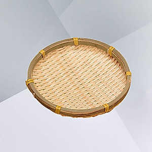 Hemoton Bamboo Woven Round Basket Tray Rustic Wood Decorative Serving Tray for Breakfast Drinks Snack Coffee Table Wall Hanging Home Decoration 18cm