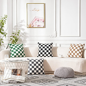 WACOMECO Decorative Throw Pillow Covers - Soft Sherpa Checkerboard Cushion Covers Faux Fur Pillow Cases for Sofa Bedroom Livingroom Car, 16 x 16 in, Khaki and Off White