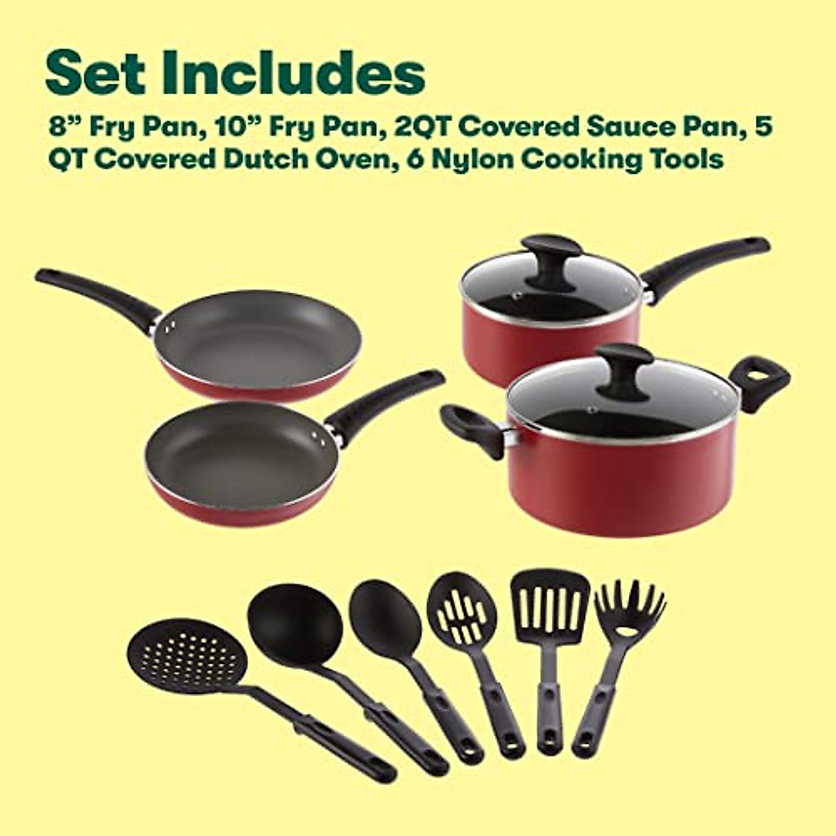 BELLA Cookware Set, 12 Piece Pots and Pans with Utensils, Nonstick Scratch Resistant Cooking Surface Compatible with All Stoves, Nylon and Aluminum, Red