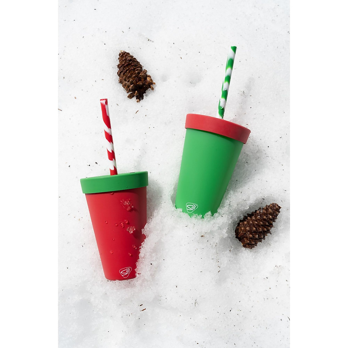 Silipint: Silicone 16 oz Straw Tumbler:4 Pk - Peppermint, Poinsettia, Classic Red & Green - Unbreakable, Holiday Gift, Sustainable