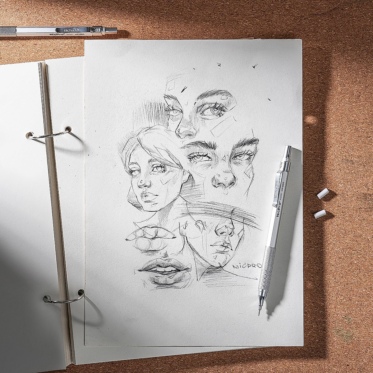 Nicpro 2 PCS Mechanical Pencils 0.5mm & 0.7 mm with Case, Metal Artist Pencil Set with 4 Tubes HB Lead Refills, 2 Erasers, 9 Eraser Refills For Art Writing Drafting, Drawing, Sketch, Silver