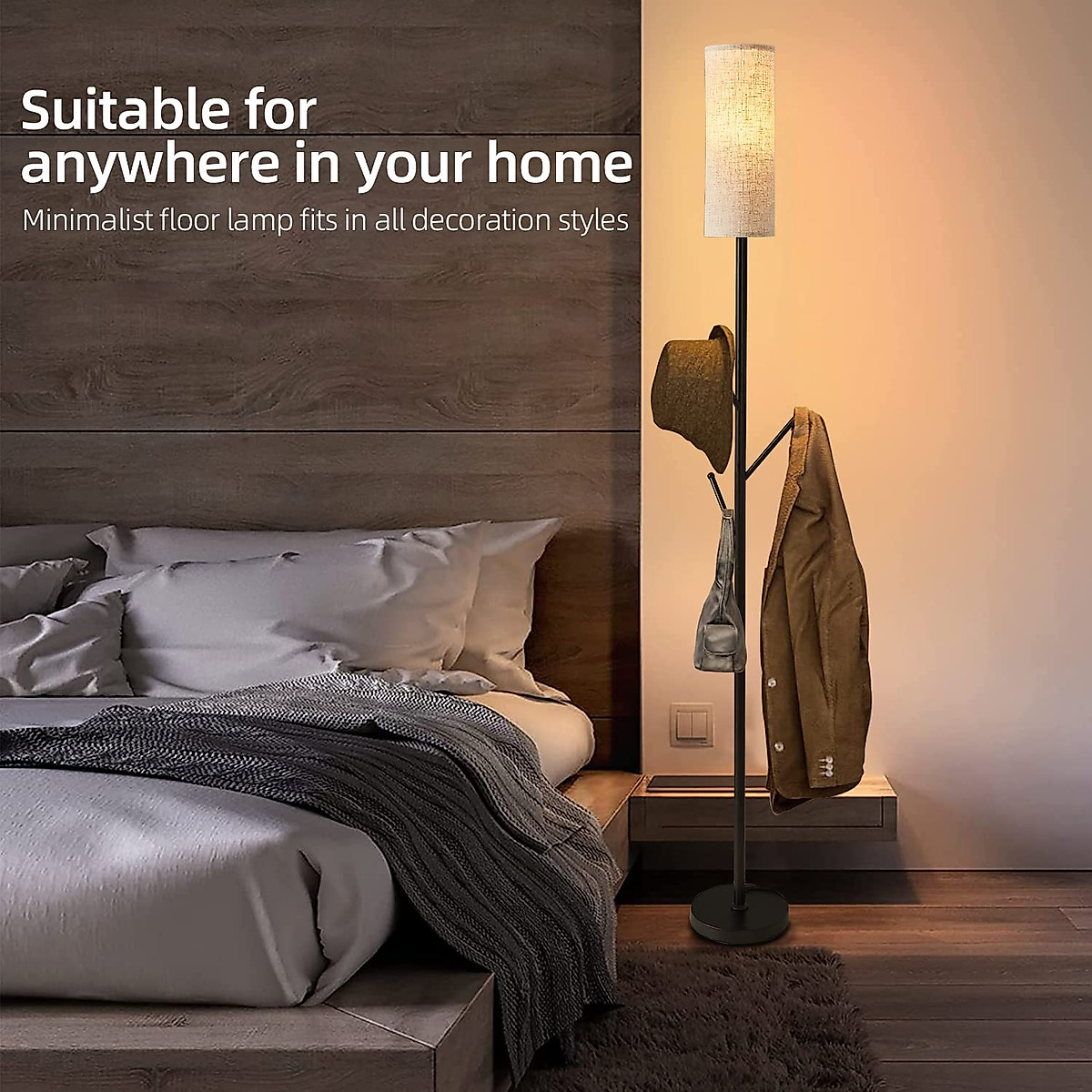 Floor Lamps with Coat Rack, Standing Lamp with Hanger Simple Design,Modern Floor Lamp with Shade Pedal Switch and Remote Control Smart LED RGB Bulb Included for offic;Bedroom;Living Room.
