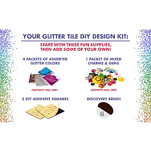 Genius Gems Glitter Tiles DIY Design Kit - Includes 2 Adhesive Squares, 1 Packet of Mixed Charms, Glitters, and Brush - Sticks to Magnetic Tiles!